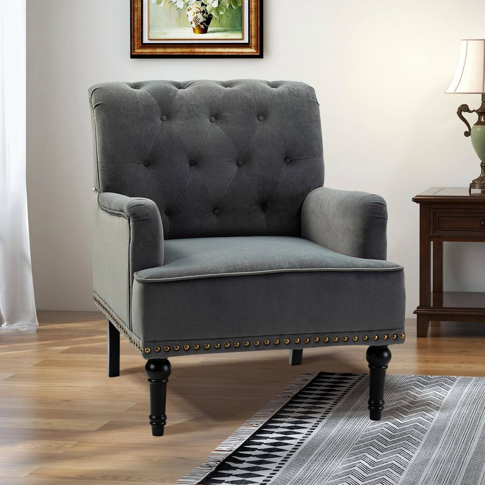 JAYDEN CREATION Enrica Grey Tufted Comfy Velvet Armchair with Nailhead ...