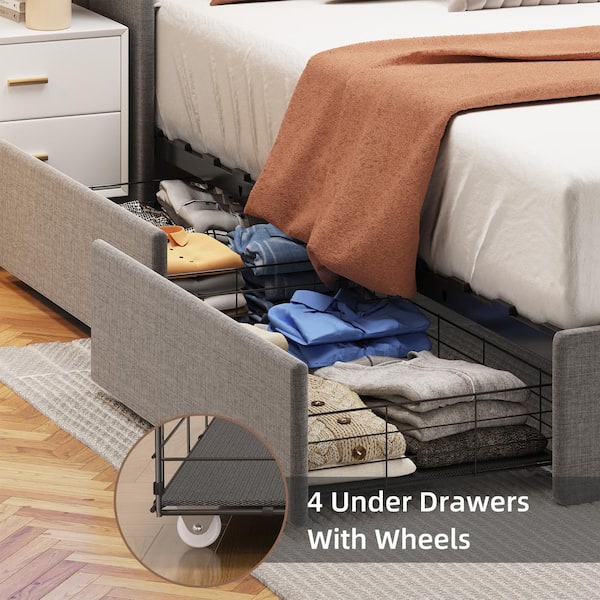 HOMEFUN Light Gray Wood Frame Upholstered Wings Headboard Full Platform Bed with LED and 4 Under bed Portable Storage Drawers HFHDSN 19601LG