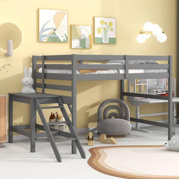 Harper & Bright Designs Gray Wood Frame Full Size Low Loft Bed with ...