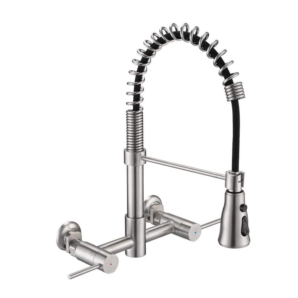 Double Handle Bridge Kitchen Faucet with Swivel Spout in Brushed Nickel ...