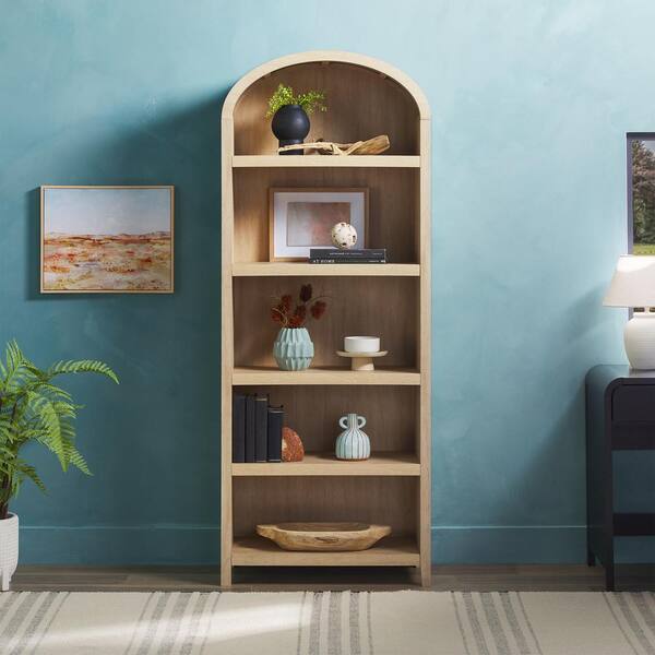 Welwick Designs Arched 76 in. Tall Coastal Oak Wood 5 Shelf Bookcase with Open Front Storage Design HD10051 The Home Depot