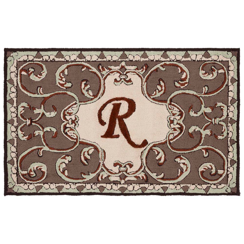 SAFAVIEH Monogram Mocha 3 ft. x 4 ft. "R" Ornate Floral Indoor/Outdoor ...
