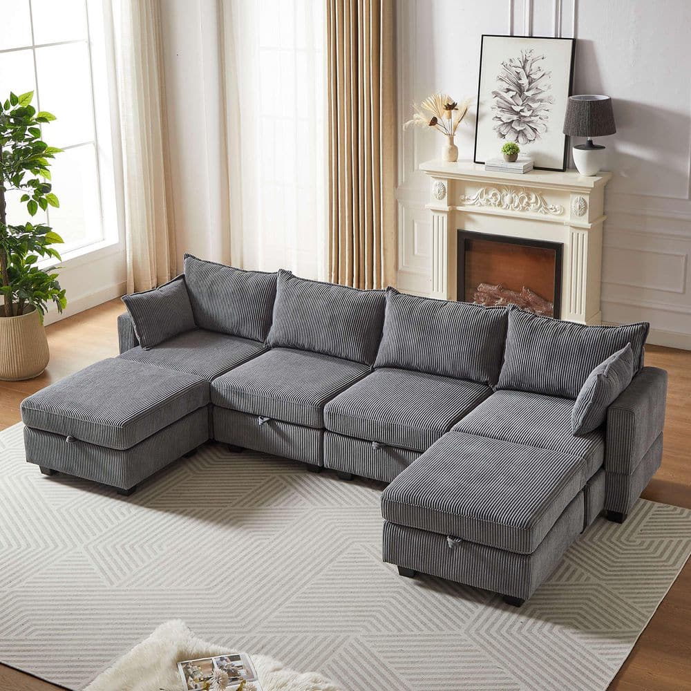 J&E Home 127.6 in. W Square Arm 5-piece L Shaped Polyester Sectional ...