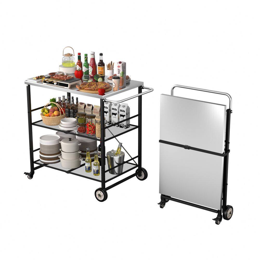 VEIKOUS 3- Shelf Stainless Steel Foldable Outdoor Grill Cart Indoor ...