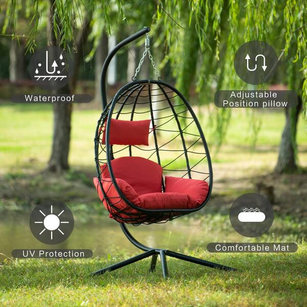 3.1 ft. L Red Hammock Chair Swing Chair Hanging Egg Chair with Stand Pillow Cushions Bedroom Living Room Balcony
