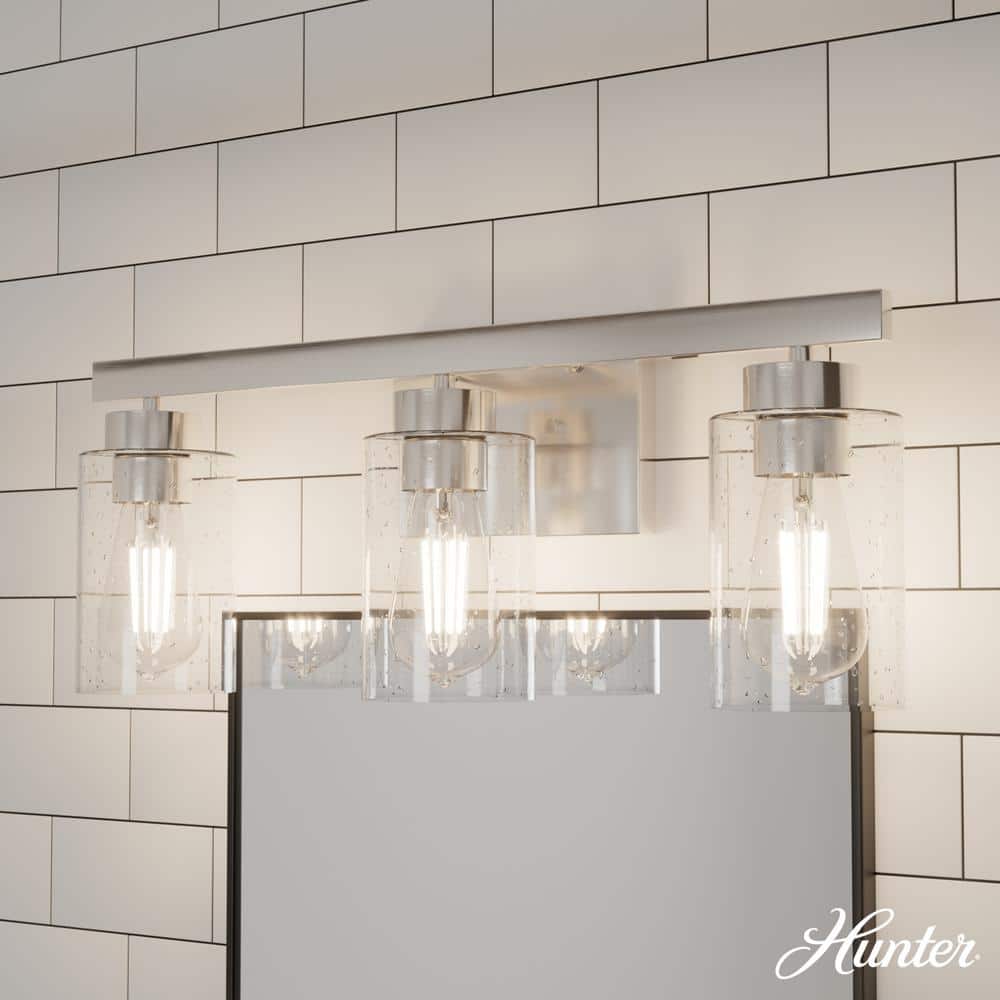 Hunter Hartland 13 in. 3-Light Brushed Nickel Vanity Light with Clear Seeded Glass Shades 13077 ...
