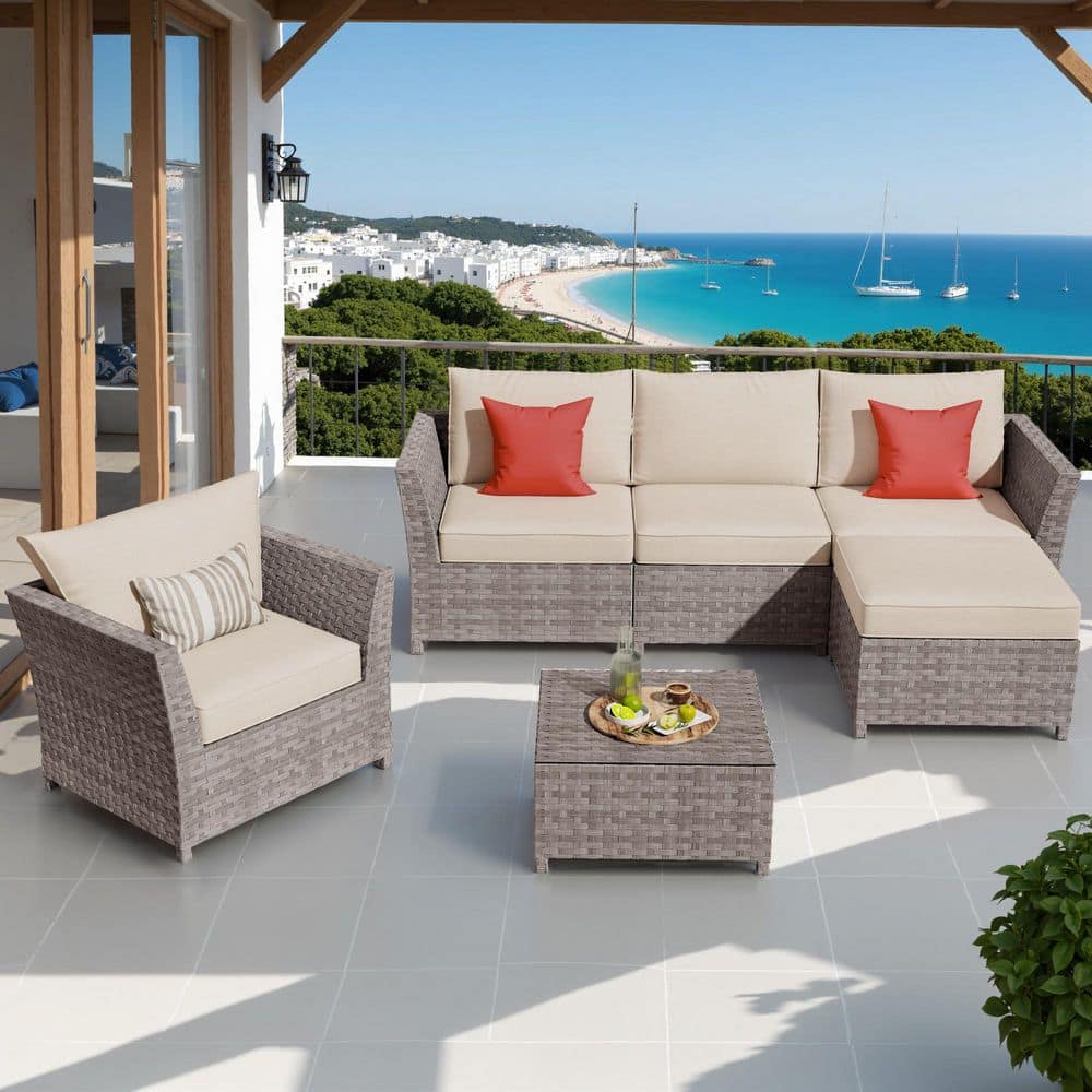 Caodoc Auris Gray 6-Piece Wicker Outdoor Patio Conversation Seating Set ...