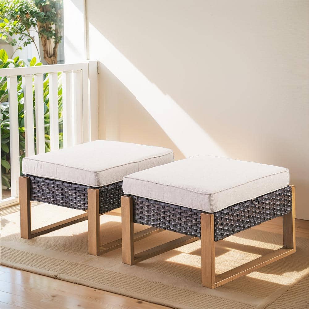 Gymojoy Brown Wicker Outdoor Ottoman with Beige Cushions 2-Pack GM130-2 ...