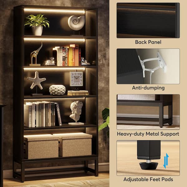 71 in. Tall Black 5 Shelves Standard Wooden Bookcases with Open Storage and LED Strips
