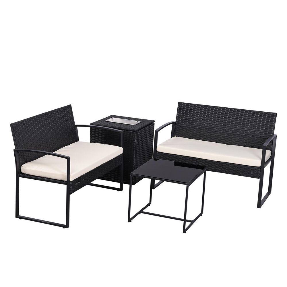 Black PE Rattan 4-Piece Sectional Sofa Set with Ice-Bucket Storage ...