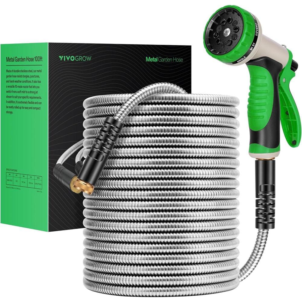 VIVOGROW 5/8 in. Dia. x 100 ft. Stainless Steel Water Hose with Brass ...