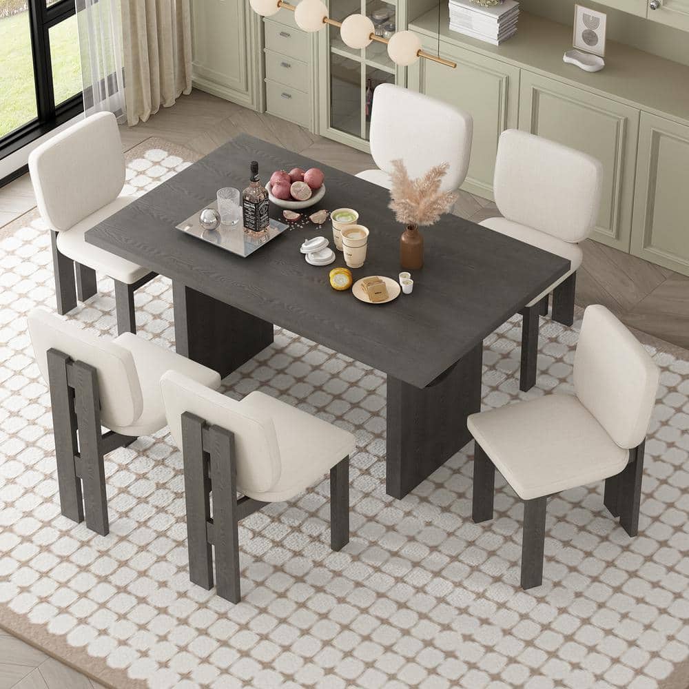 Qualler 7-Piece Rectangular Gray MDF Top Dining Room Set with 6 Upholstered Chairs FSUDTM133E ...