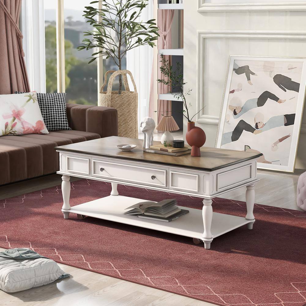 URTR 47 in.Antique Gray Rectangle Wood Coffee Table with Drawer 2 Tier ...