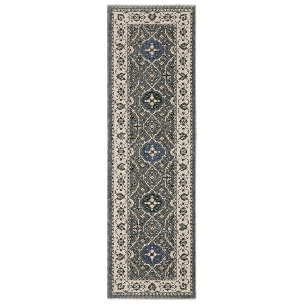 AVERLEY HOME Hunter Blue/Ivory 2 ft. x 8 ft. Bordered Floral Oriental ...
