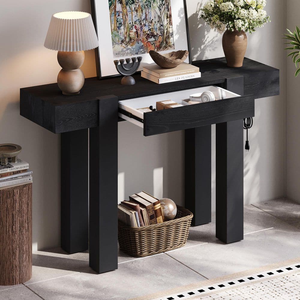 Noble House Merrivo Modern Rustic 47.2 in. Black Rectangle MDF Wood ...