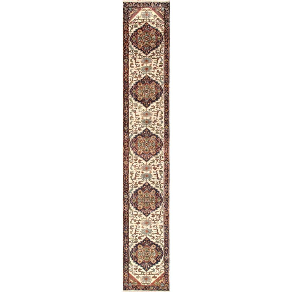 Pasargad Home Serapi Ivory/Navy 3 ft. x 27 ft. Oriental Wool Runner Rug ...