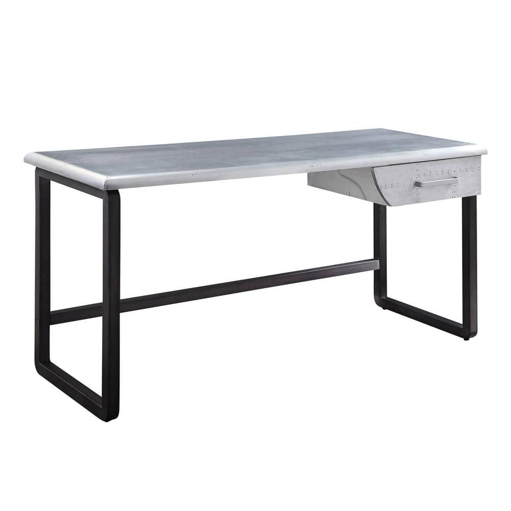 HomeRoots 63 in. Rectangular Silver Metal 1 Drawer Writing Desk ...