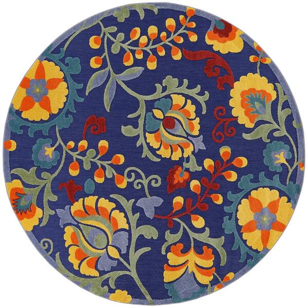 Nourison Aloha Navy Multicolor 5 ft. x 5 ft. Floral Contemporary Round ...