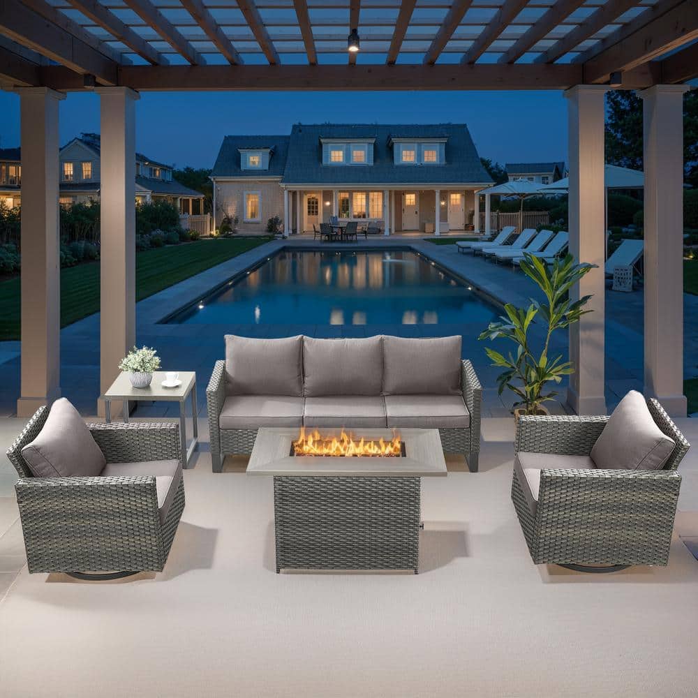 moosprr U-Frame 5-Piece Gray Wicker Fire Pit Conversation Set with ...