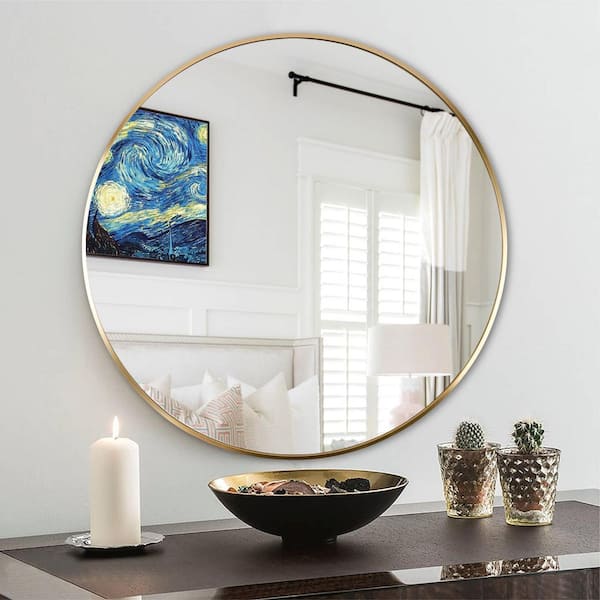 Gold 24 in. W x 24 in. H Classic Round Aluminium and MDF Framed Mirror ...