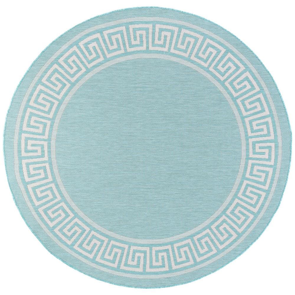 Tayse Rugs Eco Greek Key Aqua 8 ft. Round Indoor/Outdoor Area Rug ...