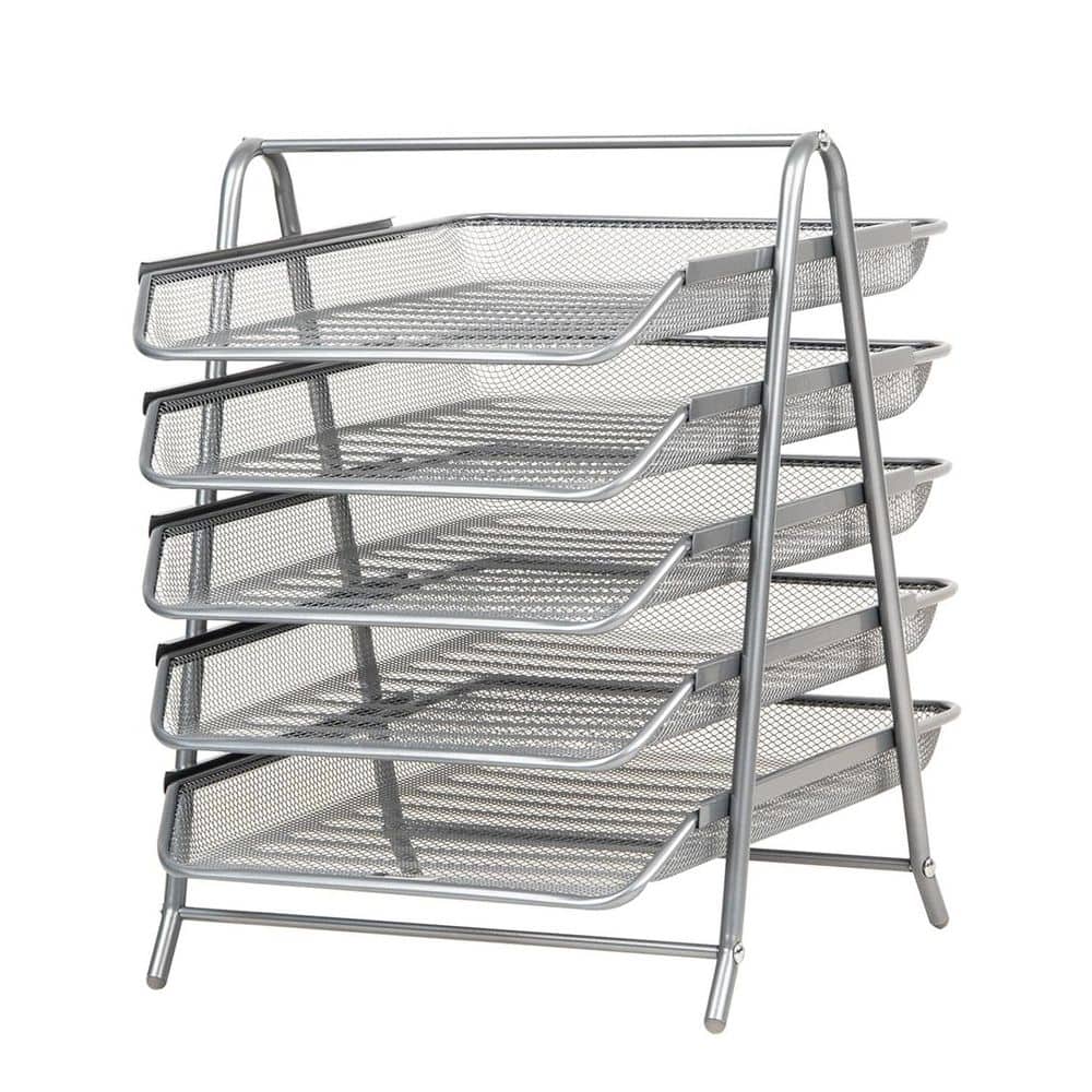 Silver 11.8 in. x 15 in. Metal Desk Organizer Tray with 5 Sliding Trays ...