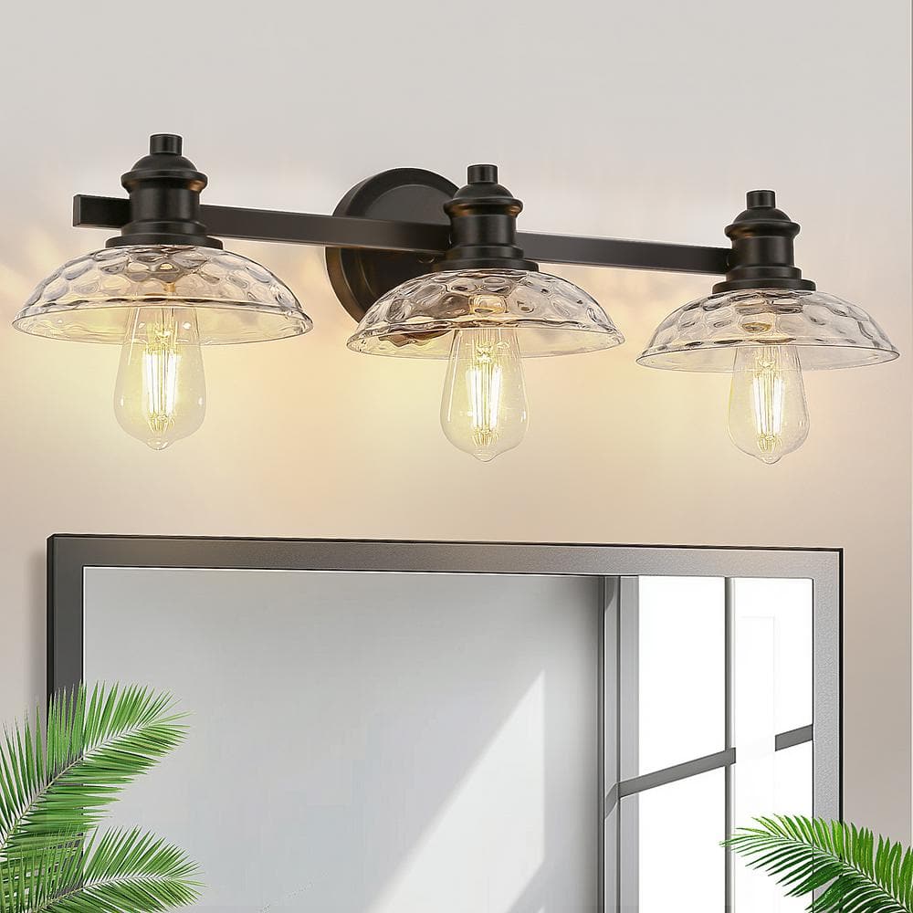 YANSUN 25 in. 3-Light Industrial Black Vanity Light with Clear Hammered ...