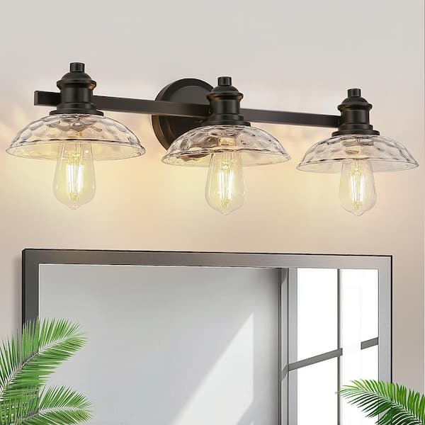 YANSUN 25 in. 3-Light Industrial Black Vanity Light with Clear Hammered ...