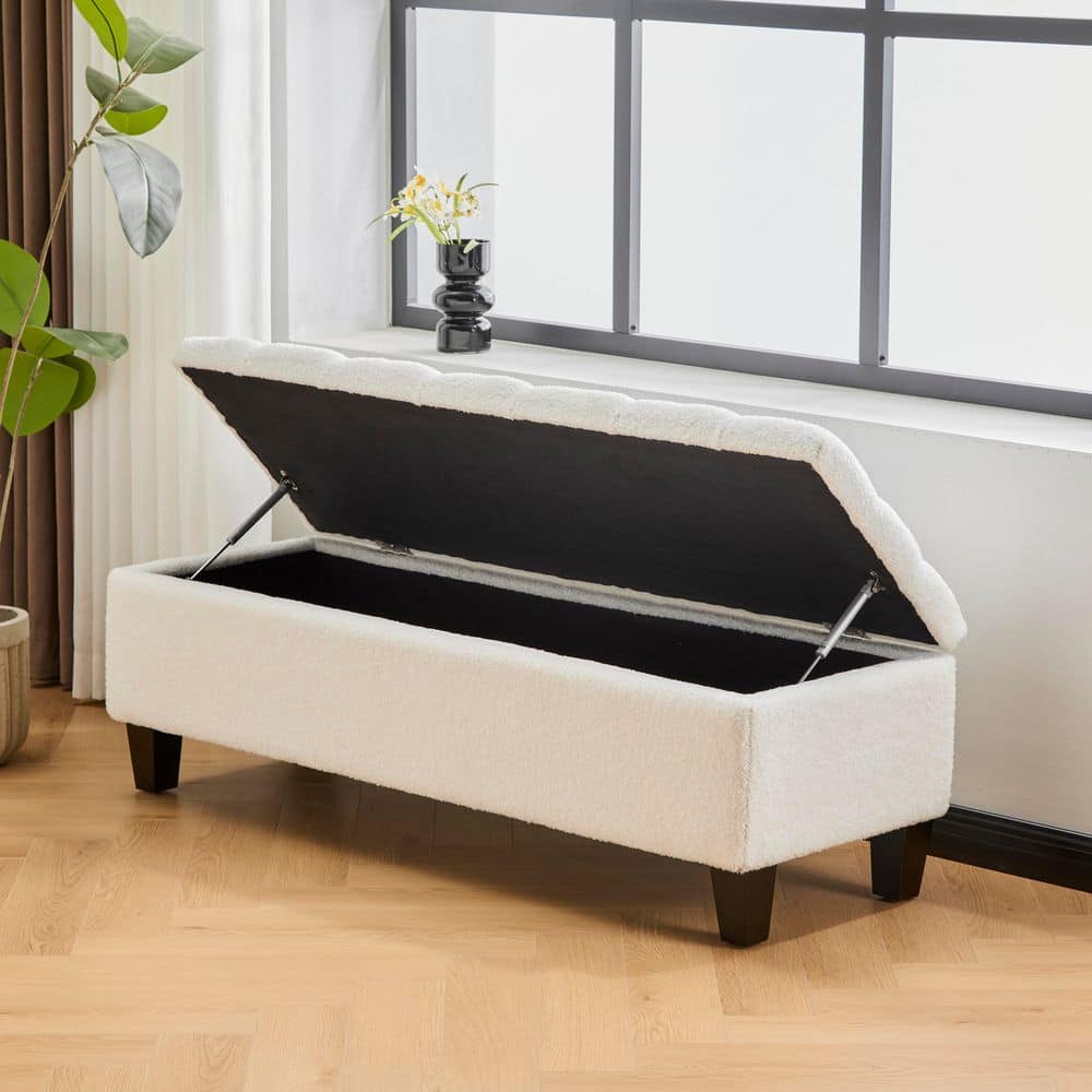 Beige Fiber Rectangle Ottoman,Storage Ottoman Bench,Foot Rest with Wood ...