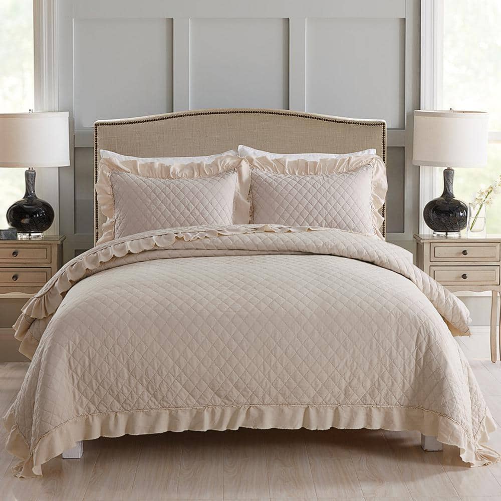 JML 3-Piece Beige Microfiber Queen Ruffled Quilt Set QSM06-3-Q - The ...