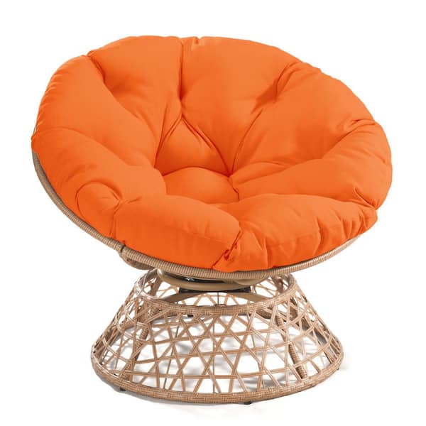 JOYSIDE Yellow Wicker Outdoor Patio Papasan Chair Dining Chair with Orange Cushion M53 ORG THD