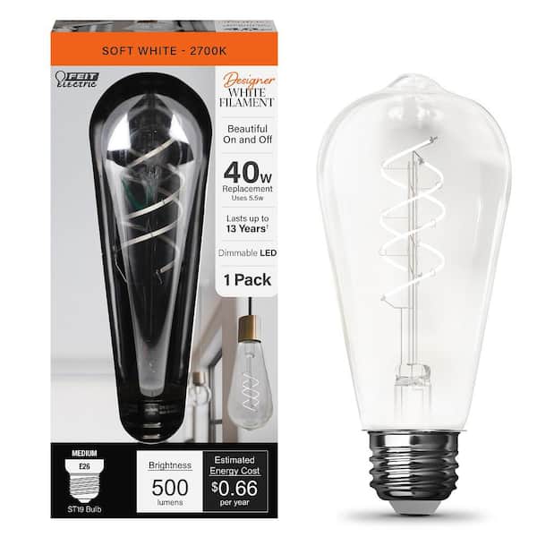 Feit Electric 40-Watt Equivalent ST19 Dimmable Double Spiral White Filament Clear E26 Vintage ...