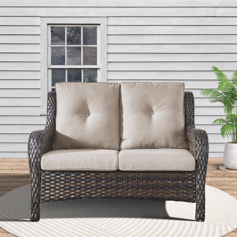 moosprr Arcline Brown Wicker Outdoor Loveseat with Beige Cushions MS038 ...