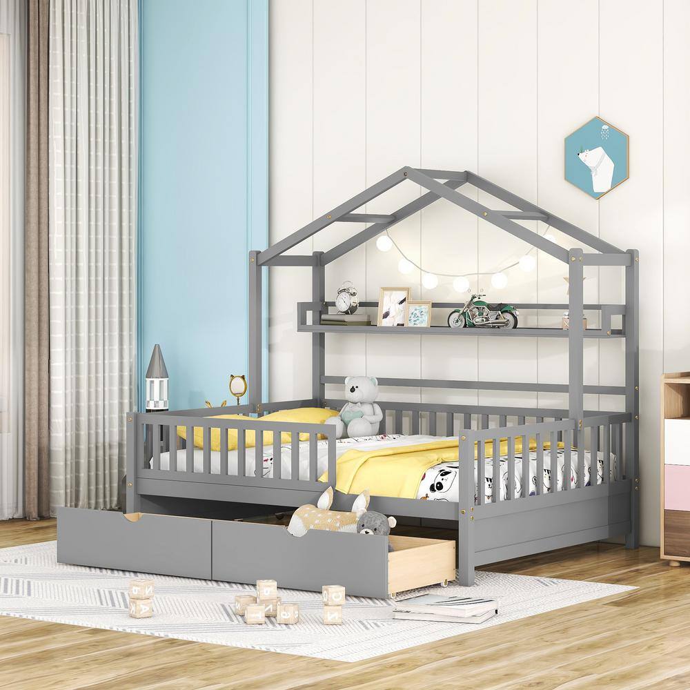 Harper & Bright Designs Gray Wood Frame Full Size House Platform Bed ...
