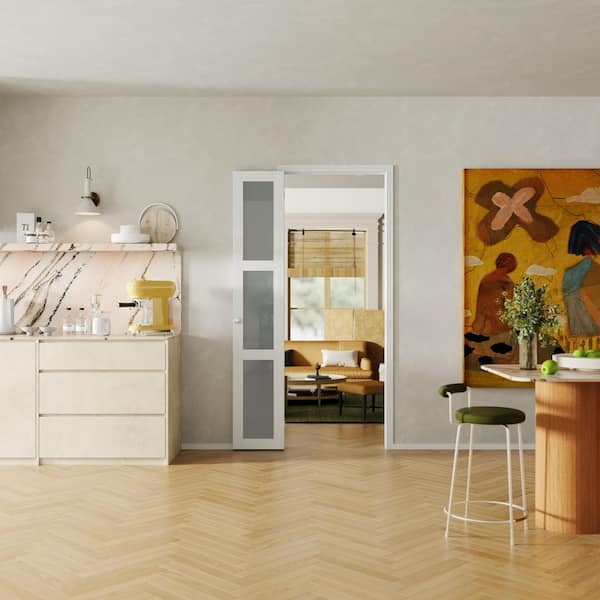 TENONER 30 in. x 80 in. 3-Lite Frosted Glass Solid Core White PVC ...