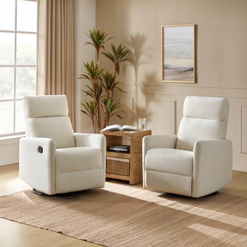 JAYDEN CREATION Ema Cream Polyester Manual Swivel Recliner with Thick ...