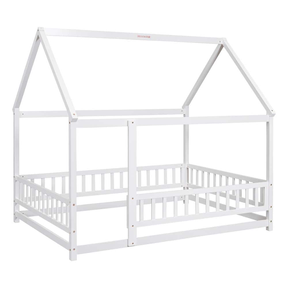 URTR White Full Size Wood House Floor Bed with Fence Guardrails ...