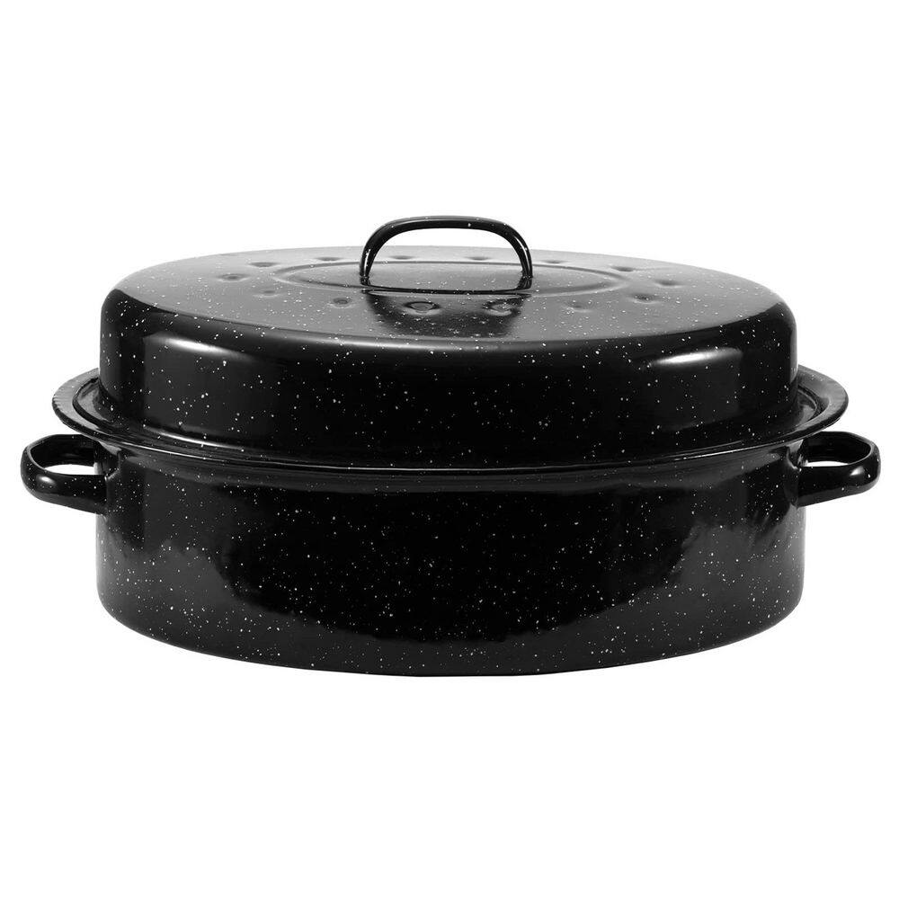18 qt. Black Enamel Carbon Steel Oven Safe Oval Roaster Pan with Lid ...