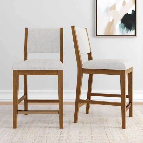 PLANK+BEAM Sereno 24 in. Pecan High Back Wood Counter Stool with Boucle ...
