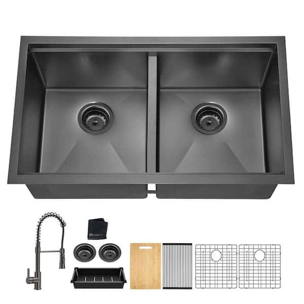 TCYO 33 in. Undermount Double Bowl 18-Gauge Gunmetal Black Stainless ...