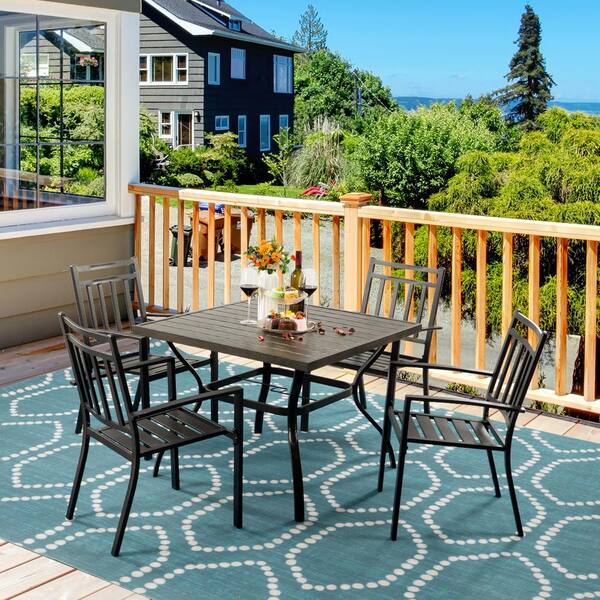 MEOOEM 5 Piece Outdoor Patio Square Dining Set, Metal Wooden Like Table ...