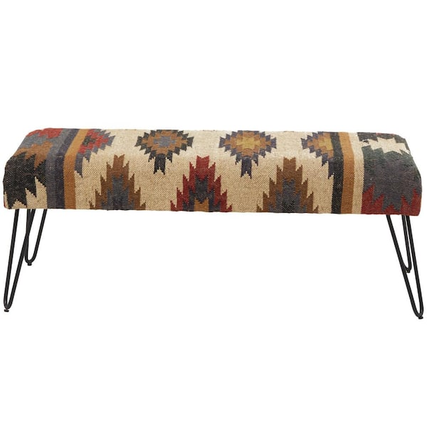 Litton Lane Multi Colored Tribal Bench with Metal Hairpin Legs 16 in. X ...