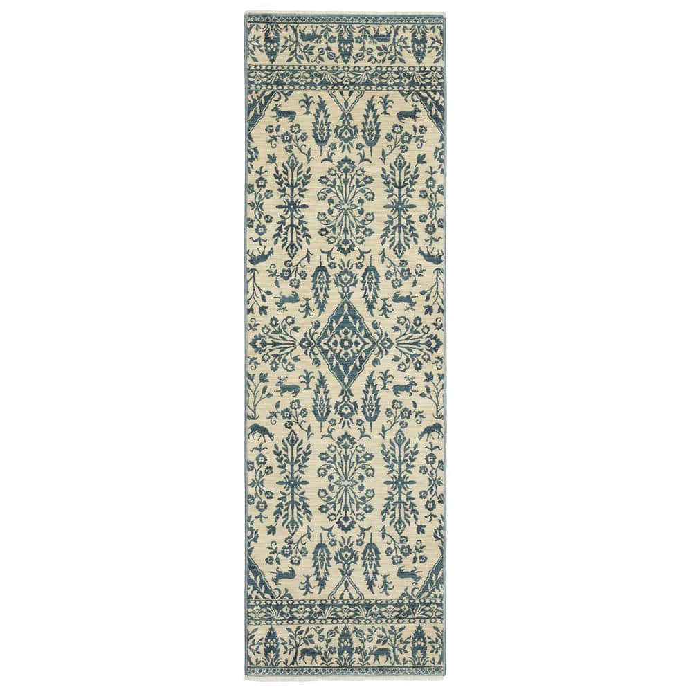 AVERLEY HOME Fleetwood Ivory/Blue 2 ft. x 8 ft. Border Oriental Floral ...