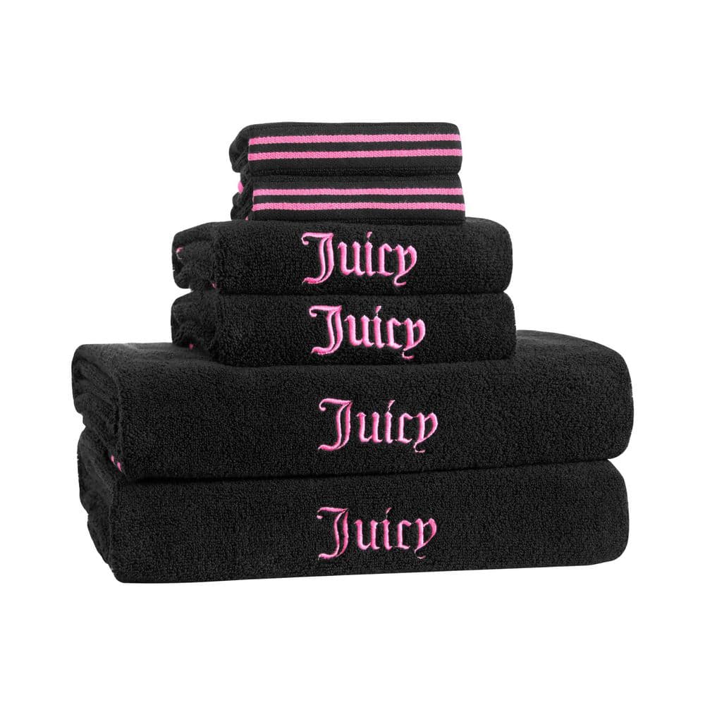 JUICY COUTURE Neon Border 6-Piece Cotton Bath Towel Set in Black/Hot ...