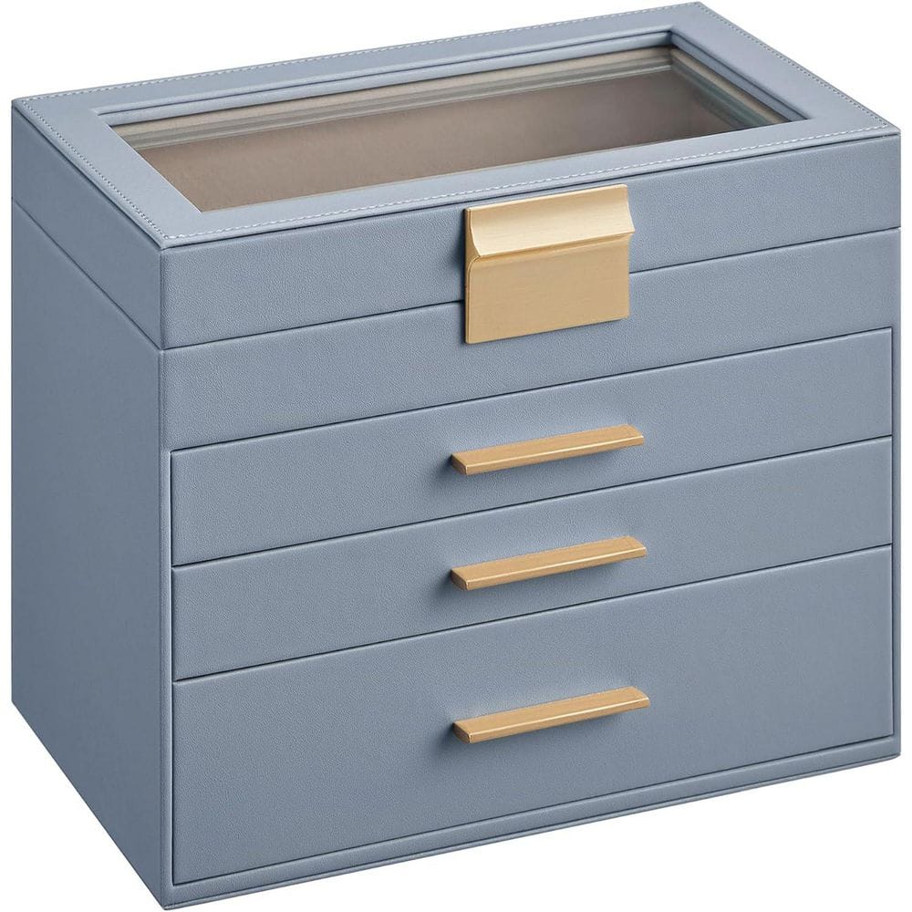 6 x 9.9 x 8.5 in. Blue and Gold 4-Layer Jewelry Box Organizer with ...