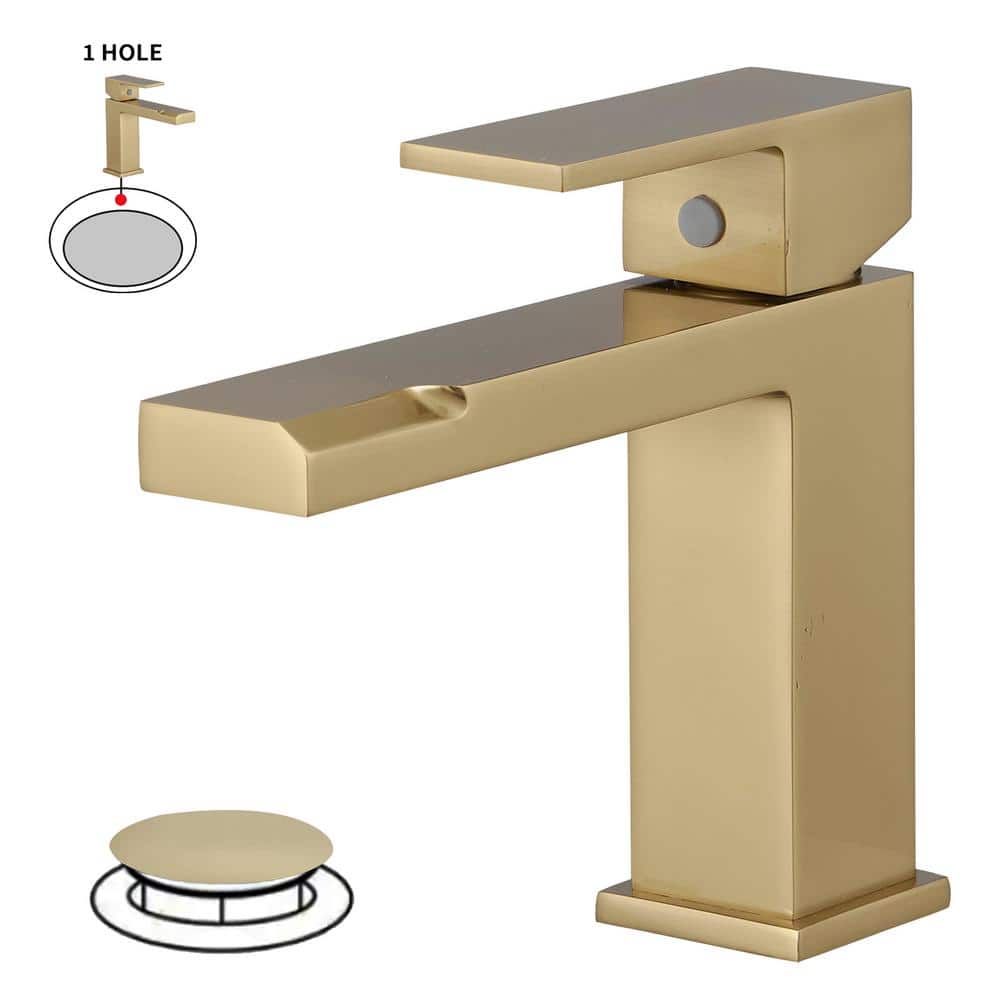HOMEMYSTIQUE Single Handle Single Hole Bathroom Faucet in Brushed Gold ...