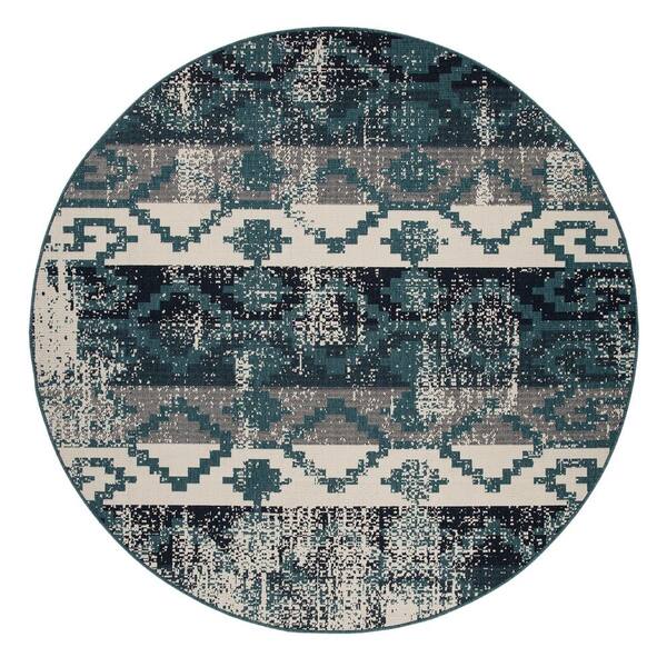 Kaleen Pianta Collection Teal 5'3" x 5'3" Round Residential Indoor-Outdoor Area Rug PTA09-91-53 ...