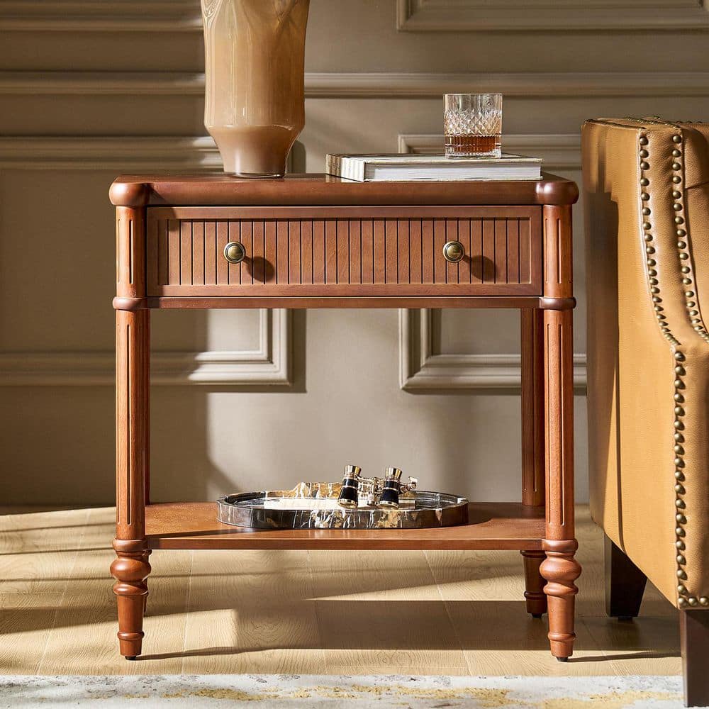 JAYDEN CREATION Ernest 26 in. Brown 1-Drawer Square Wood End Table with ...