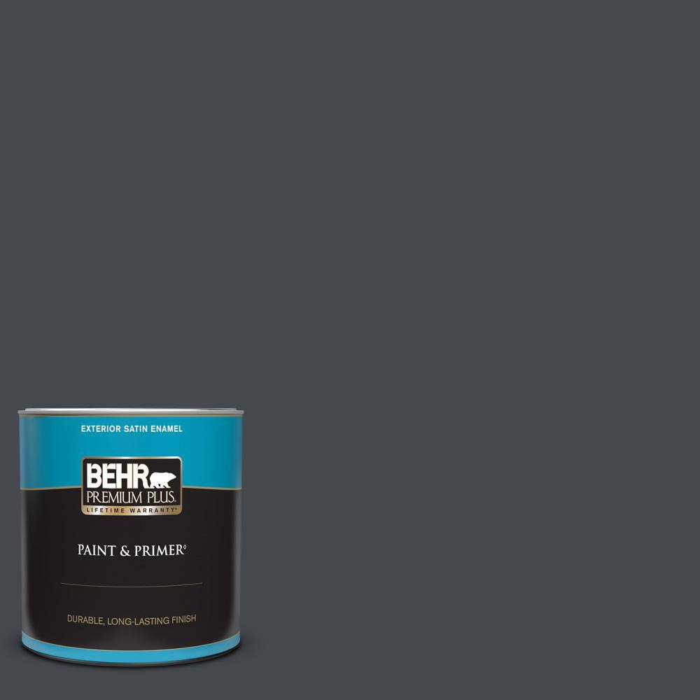 BEHR PREMIUM PLUS 1 qt. #N490-7 Ink Black Satin Enamel Exterior Paint ...