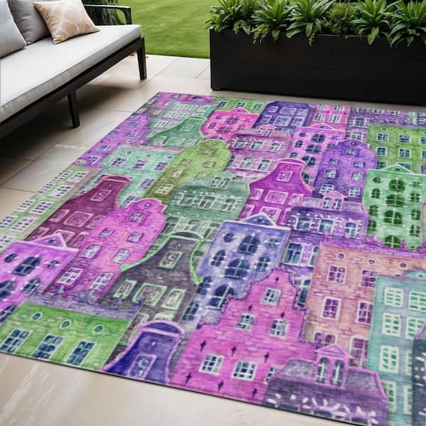 HomeRoots Purple, Lilac, Green 5 ft. x 8 ft. Woven Geometric Polyester ...